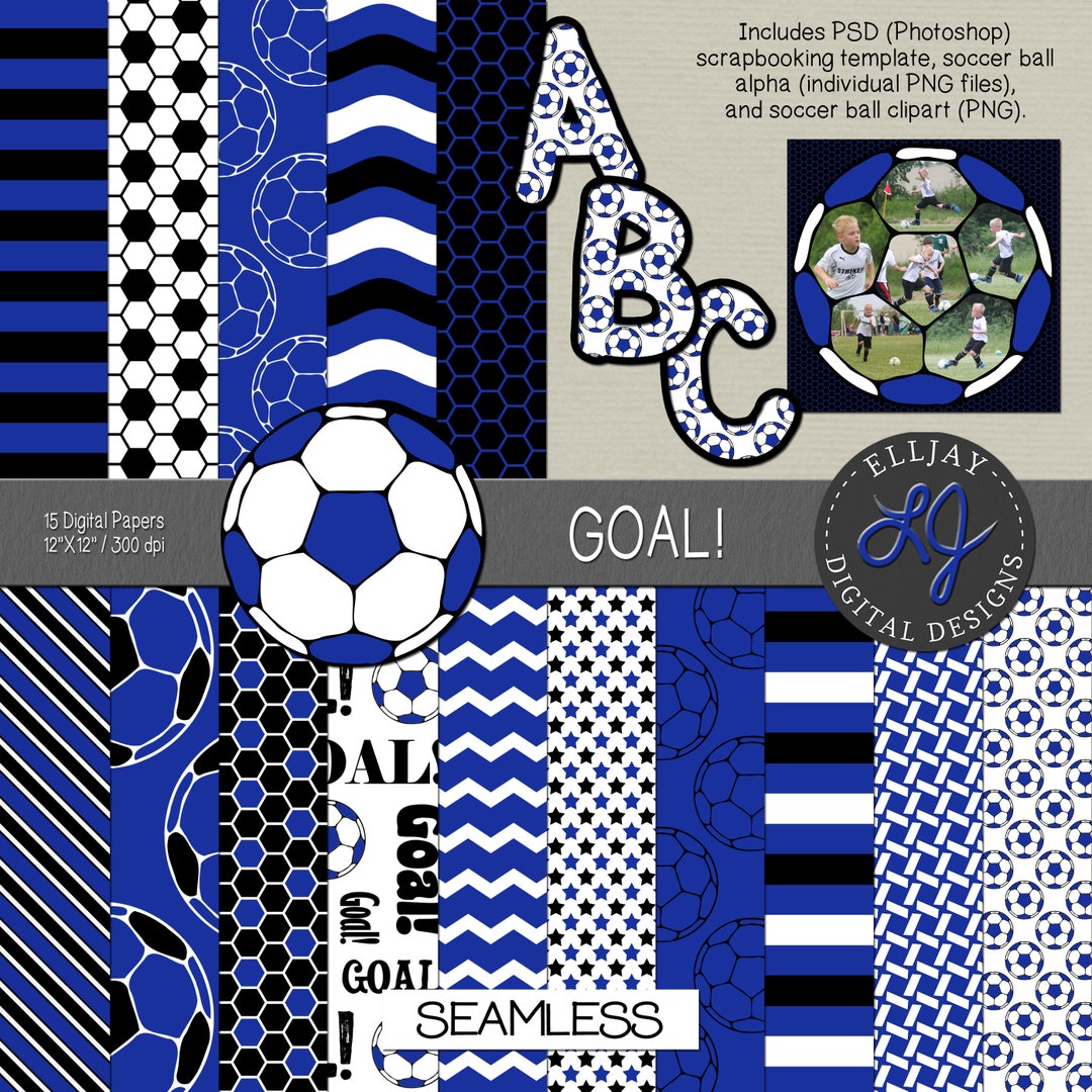 Blue Soccer Digital Paper Pack: Clipart, Alpha, Template (commercial ...