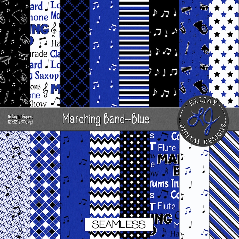 Blue Marching Band Paper Pack: Music Notes, Instruments (digital ...