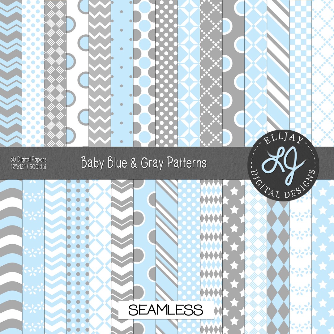 Blue & Gray Digital Paper Pack: Seamless Baby Shower Patterns (digital ...