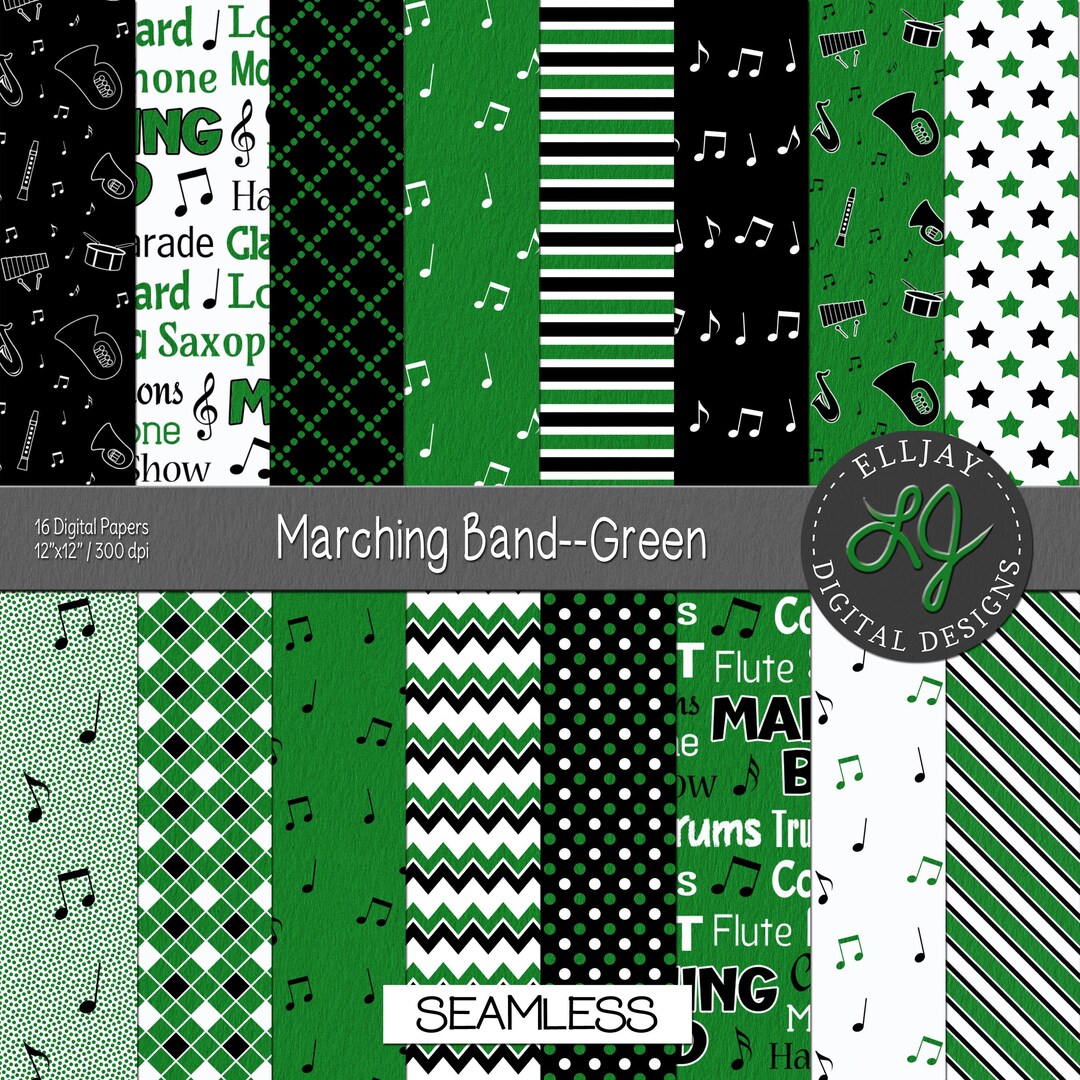 Green Marching Band Digital Paper Pack. Band Scrapbook Paper. Music ...