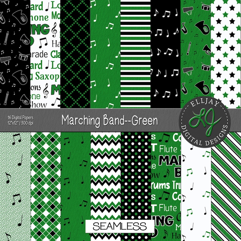 Green Marching Band Digital Paper Pack. Band Scrapbook Paper. Music ...
