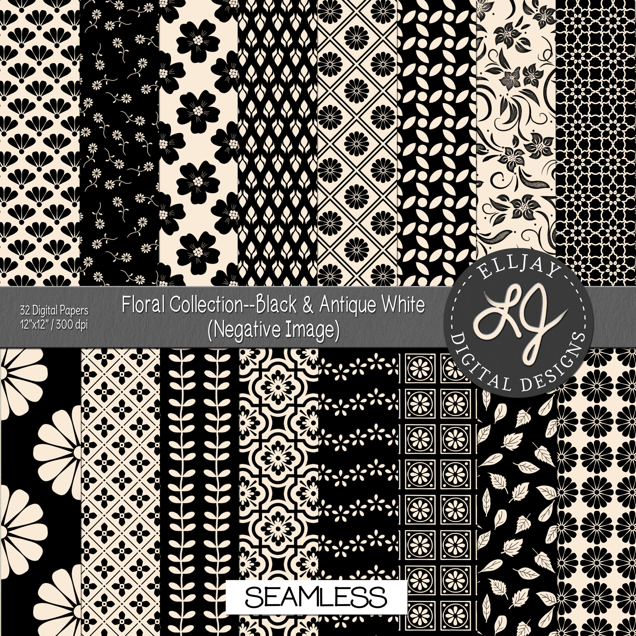 Black & Cream Floral Digital Paper Pack. Black and Antique White Floral ...