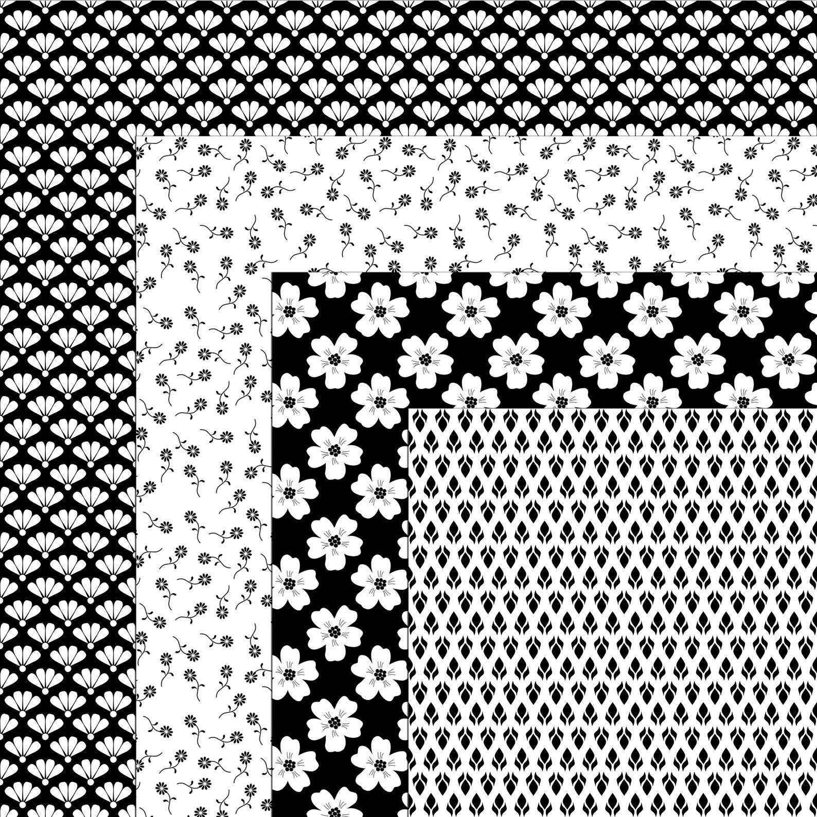 Black & White Floral Digital Paper Pack: 32 Seamless Patterns (digital ...