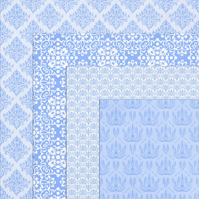 Pastel Blue Damask Digital Paper Pack. Light Blue Digital Paper. Blue ...