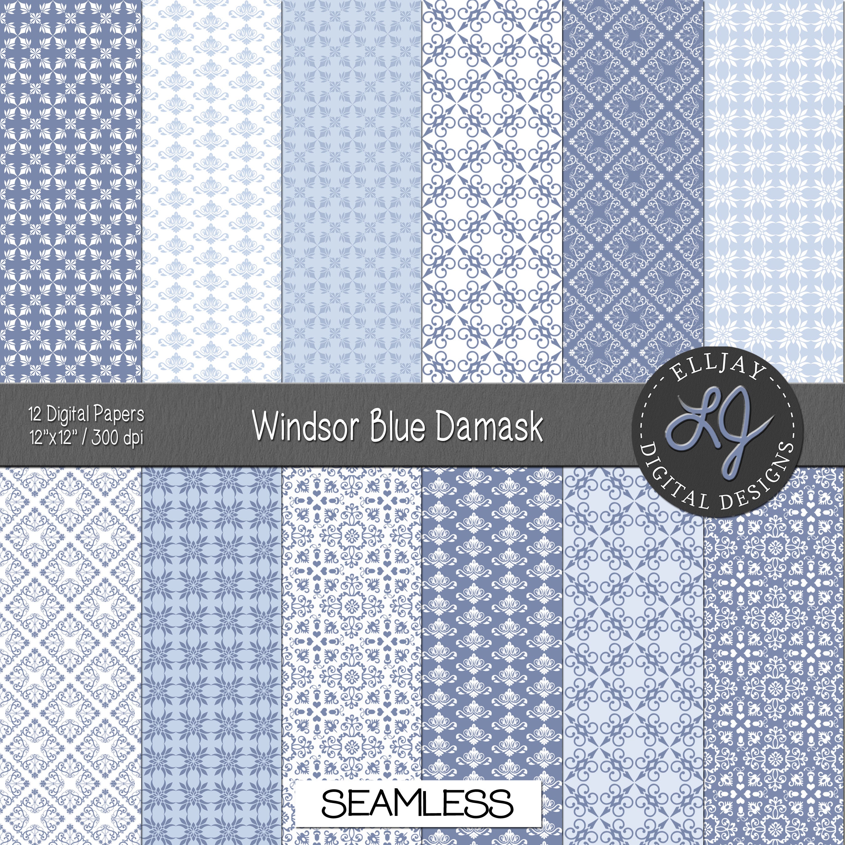 Blue Damask Digital Paper Pack: Seamless Scrapbook Patterns (digital ...