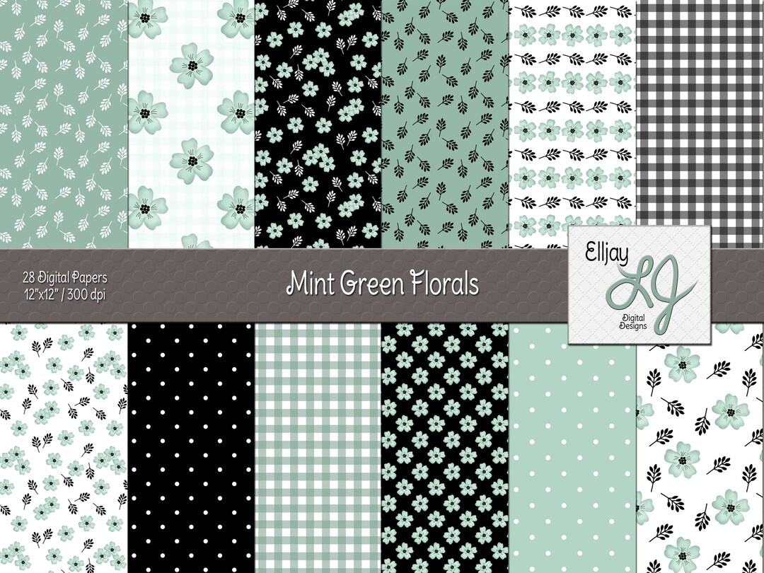 Mint Green Floral Digital Paper Pack With Seamless Pattern. - Etsy