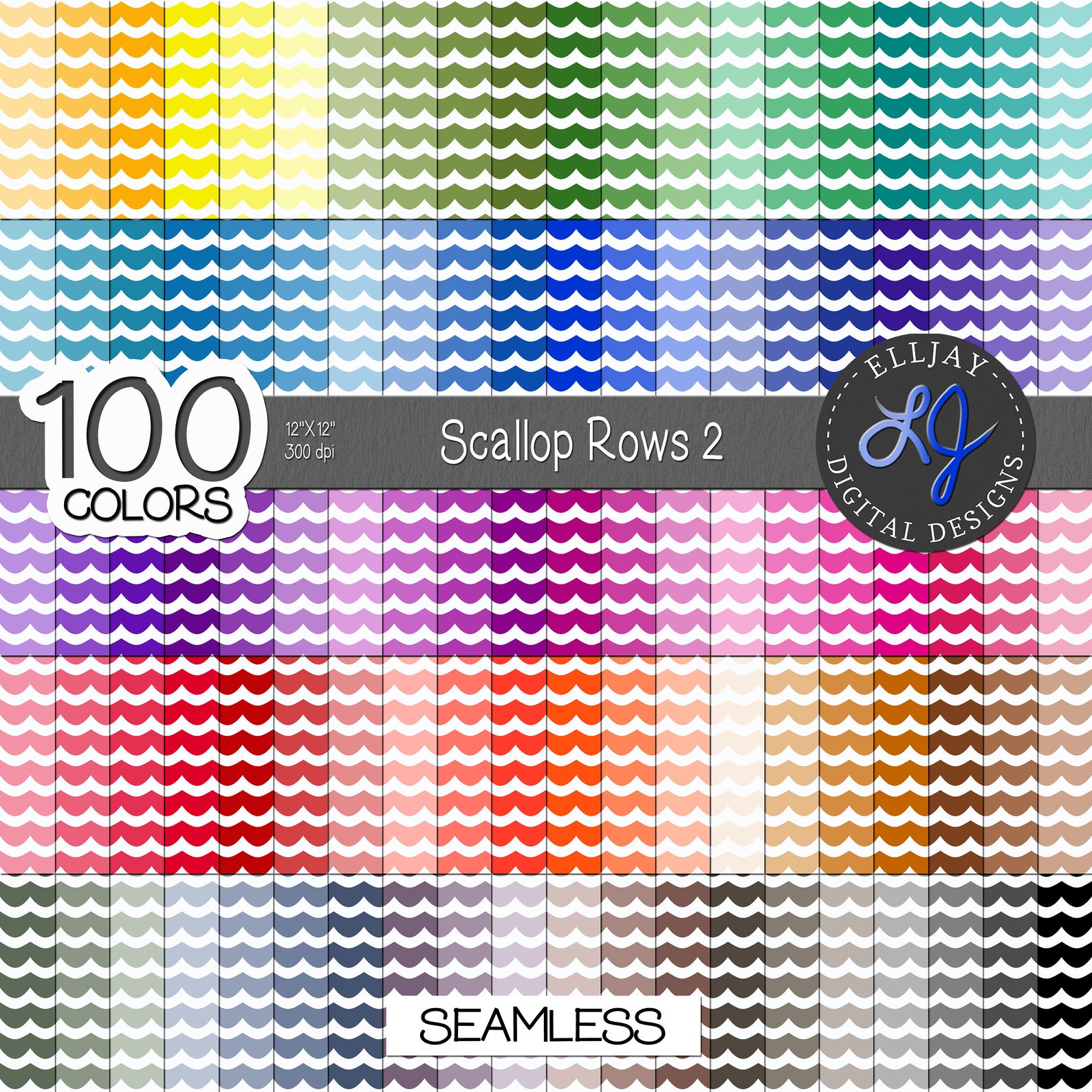 Scallop Rows Digital Paper Pack. 100 Rainbow Colors. Seamless Wave ...