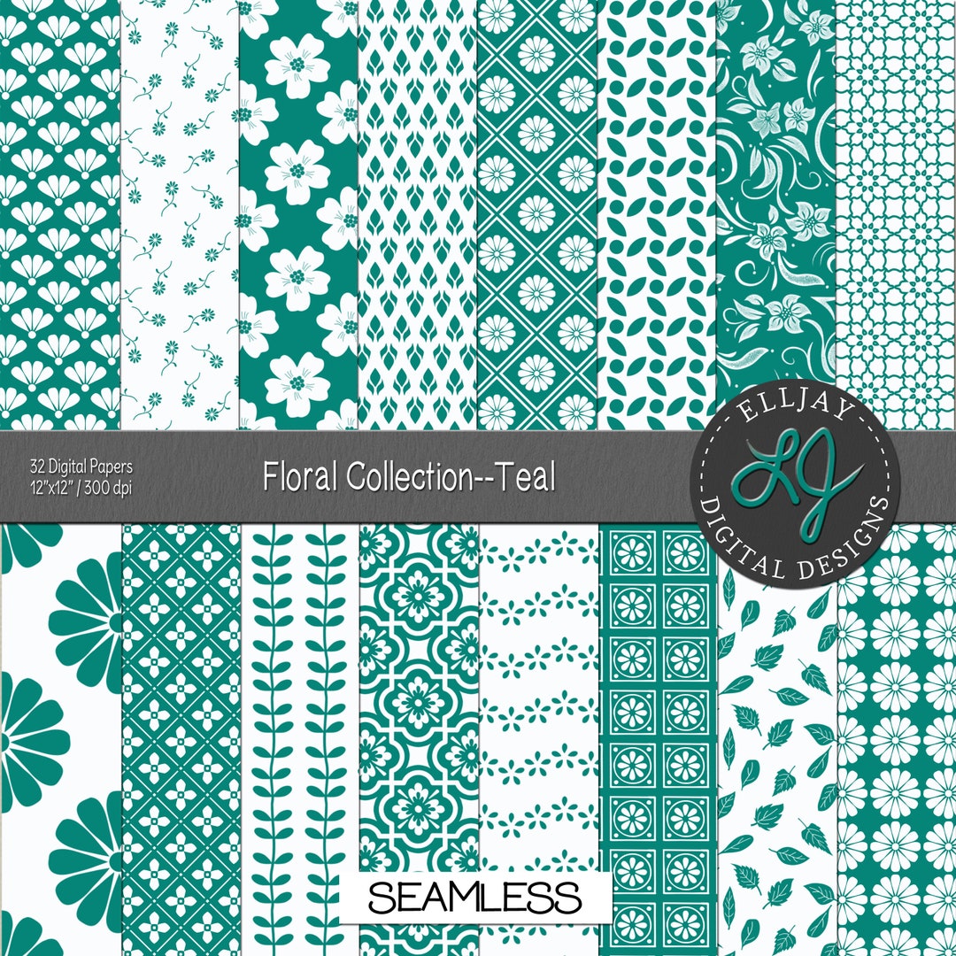 Teal Floral Digital Paper Pack. Teal Scrapbook Paper. Teal and White ...