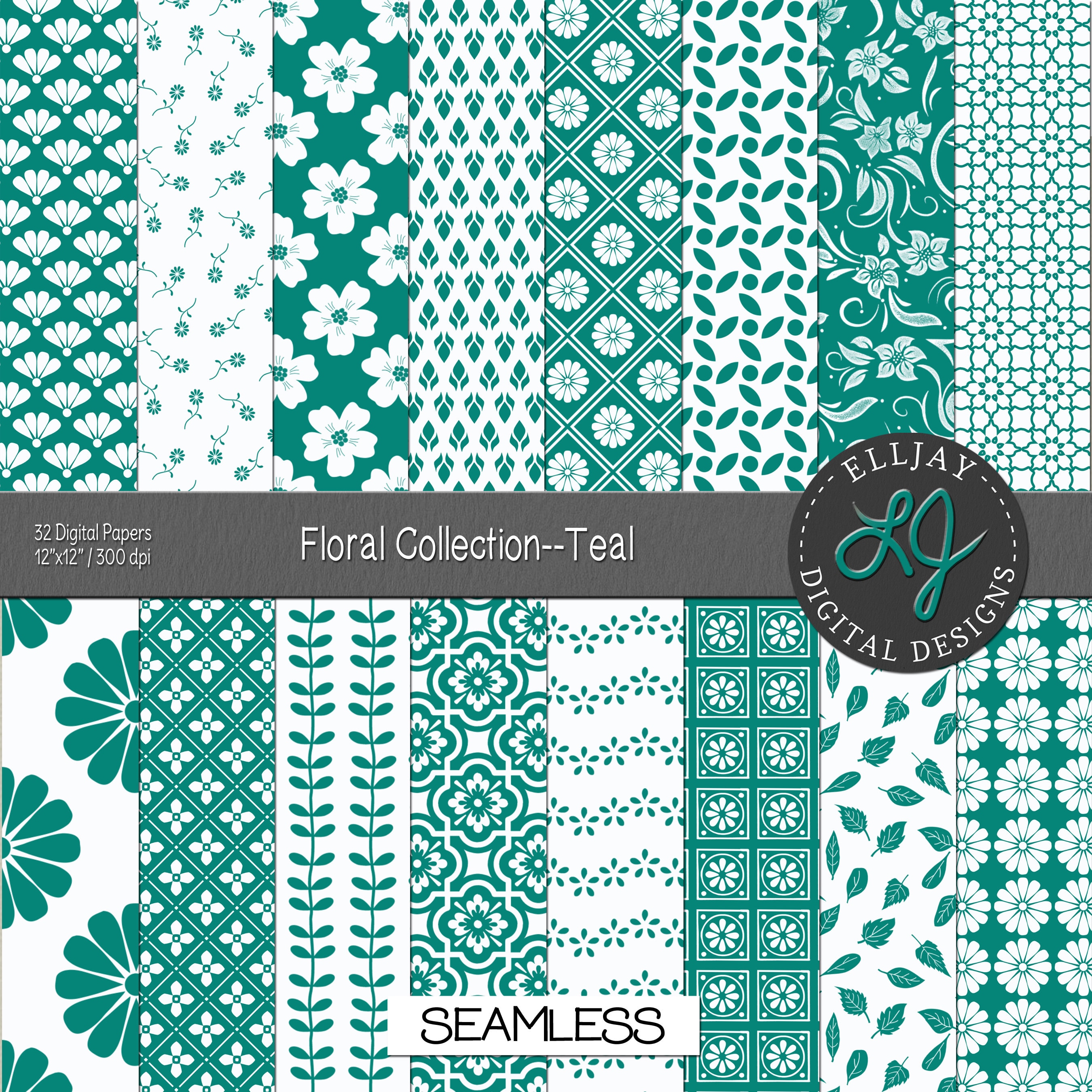 Teal Floral Digital Paper Pack. Teal Scrapbook Paper. Teal and White ...
