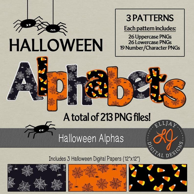Halloween PNG Alphabet Set: Spider & Candy Corn Graphics (digital ...
