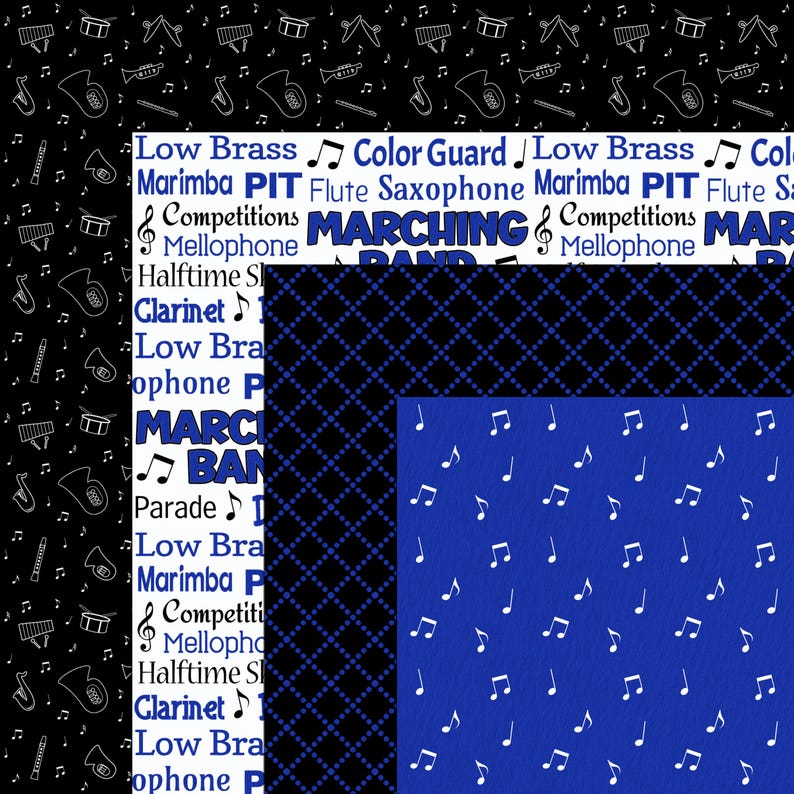 Blue Marching Band Paper Pack: Music Notes, Instruments (digital ...