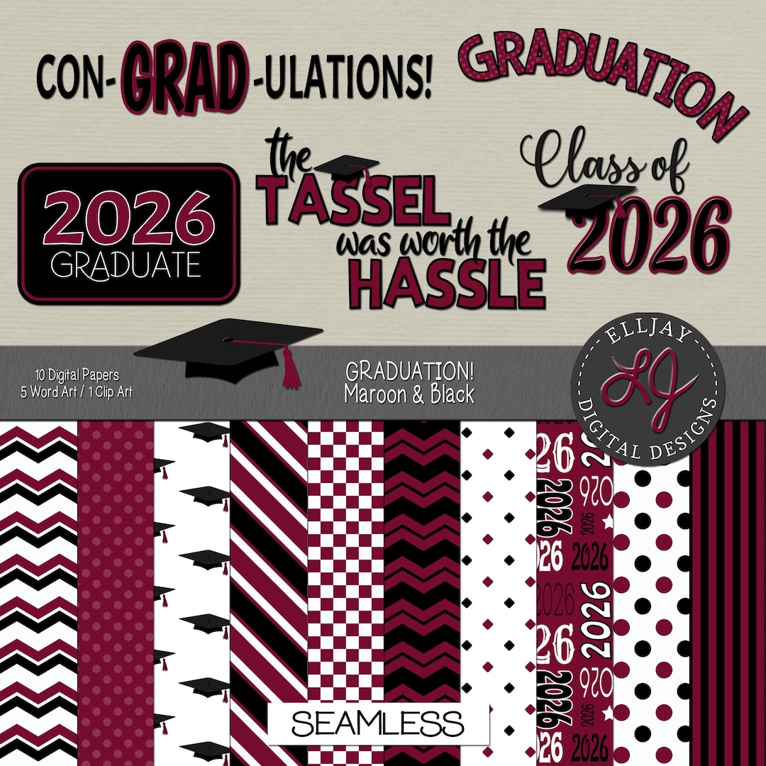 2026 Graduation Digital Paper Pack, Maroon & Black (digital Download ...