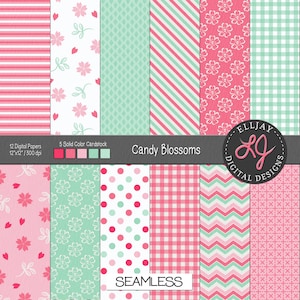 Pink and Mint Green Floral Digital Paper Pack. Pink Mint Patterns. Baby ...