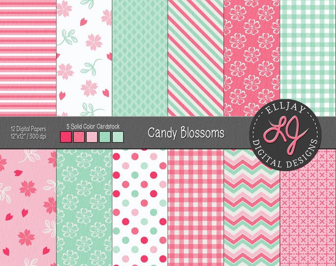 Pink and Mint Green Floral Digital Paper Pack. Pink Mint Patterns. Baby ...