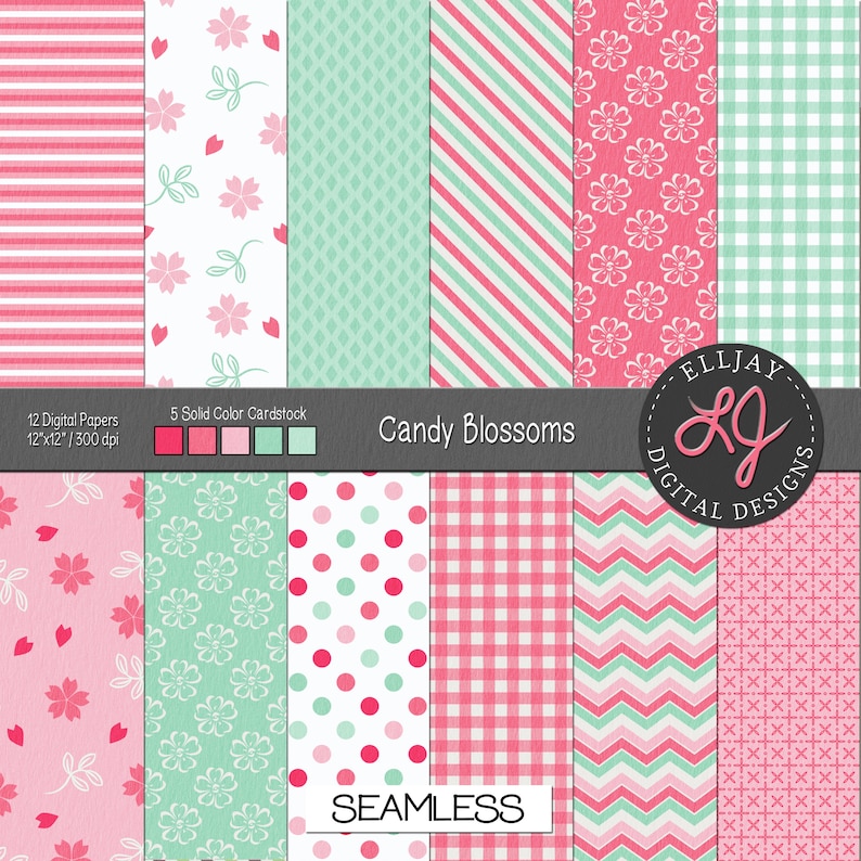 Pink and Mint Green Floral Digital Paper Pack. Pink Mint Patterns. Baby ...