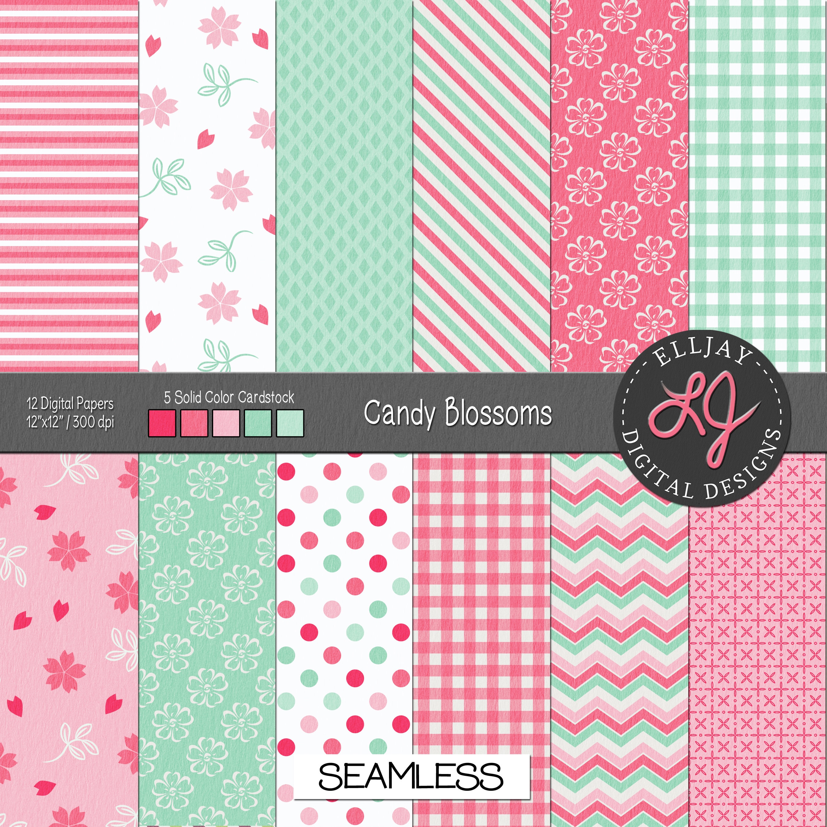Pink and Mint Green Floral Digital Paper Pack. Pink Mint Patterns. Baby ...