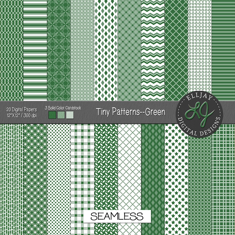 Green Digital Paper Pack With Small Patterns. Background Digital Paper ...
