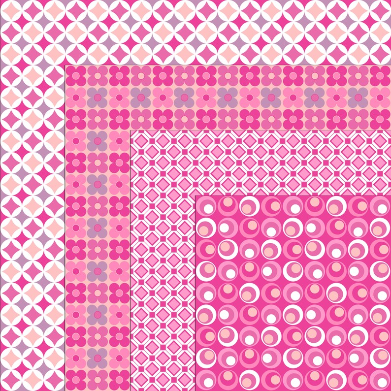 Pink Retro Digital Paper Pack. Retro Patterns in Shades of Pink. Pink ...