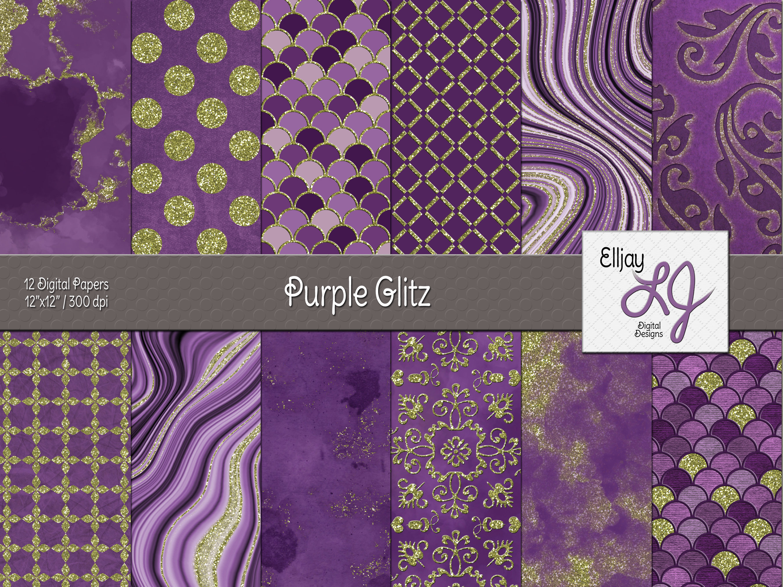 Purple and Gold Glitter Digital Papers: Damask, Marble, Scales (digital ...
