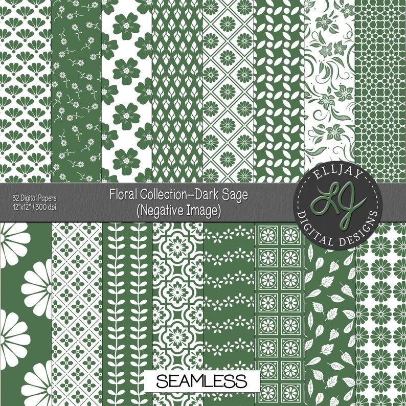 Dark Sage Green Floral Digital Paper Pack. 32 Green and White Patterns ...
