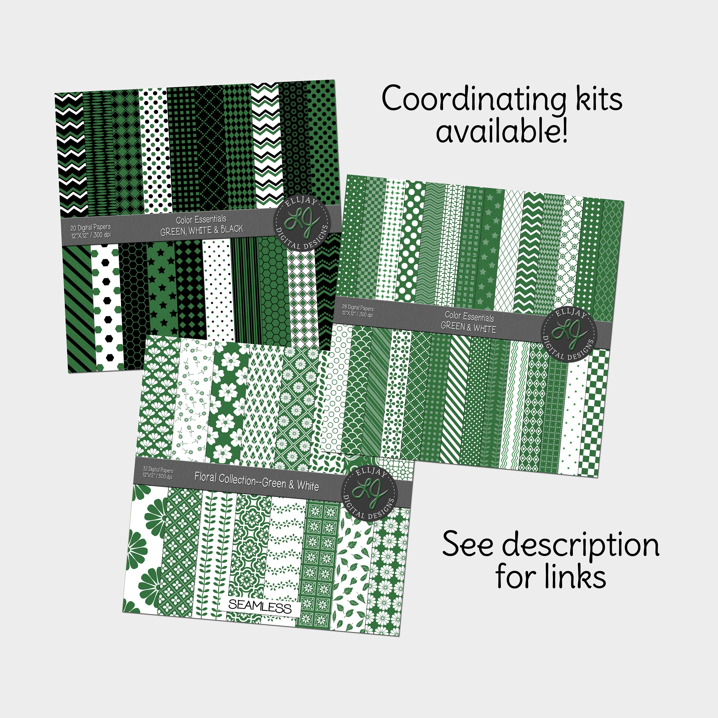 Green Digital Paper Pack With Small Patterns. Background Digital Paper ...