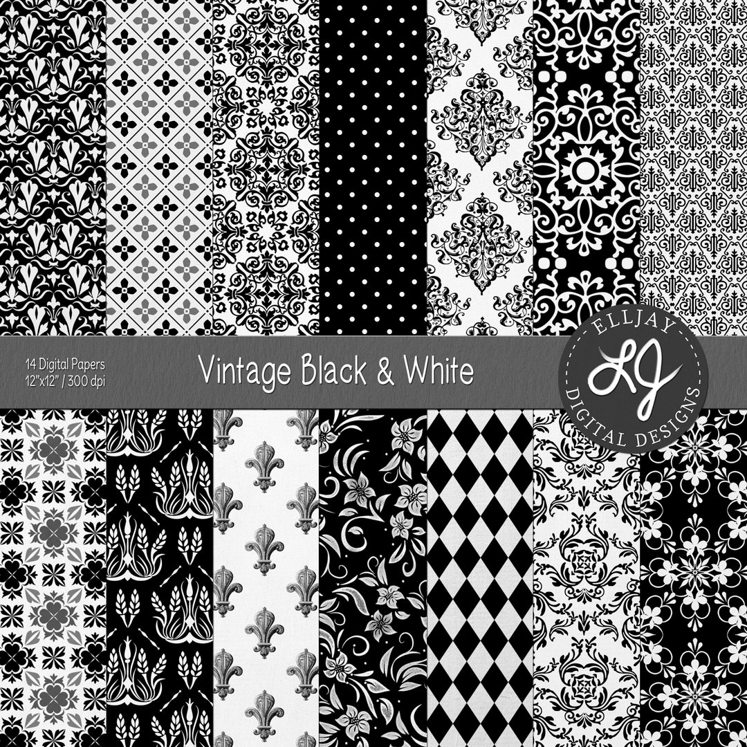Vintage Black & White Damask Digital Paper Pack. Textured Digital Paper ...