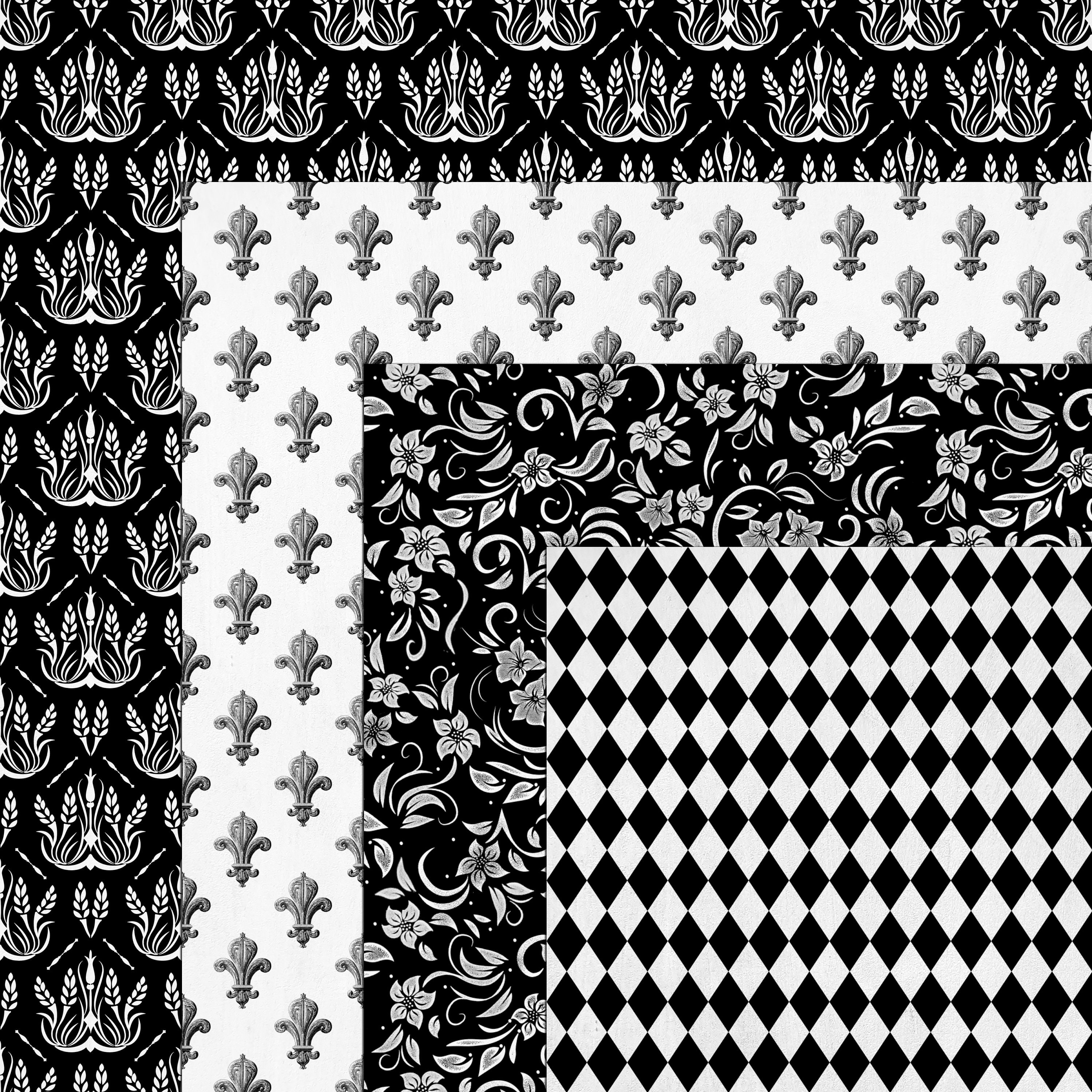 Vintage Black & White Damask Digital Paper Pack. Textured Digital Paper ...