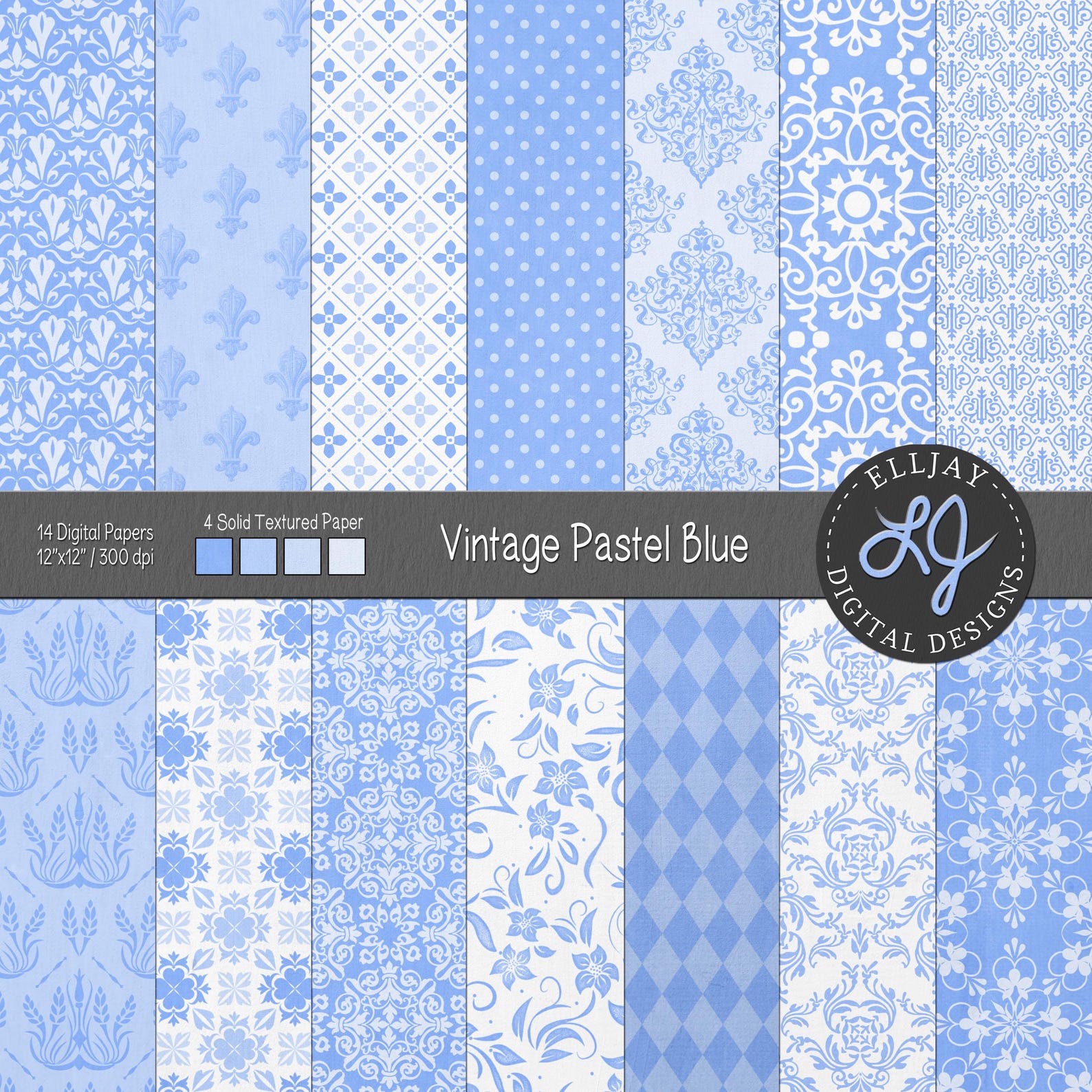 Pastel Blue Damask Digital Paper Pack: Vintage Floral Patterns (digital ...