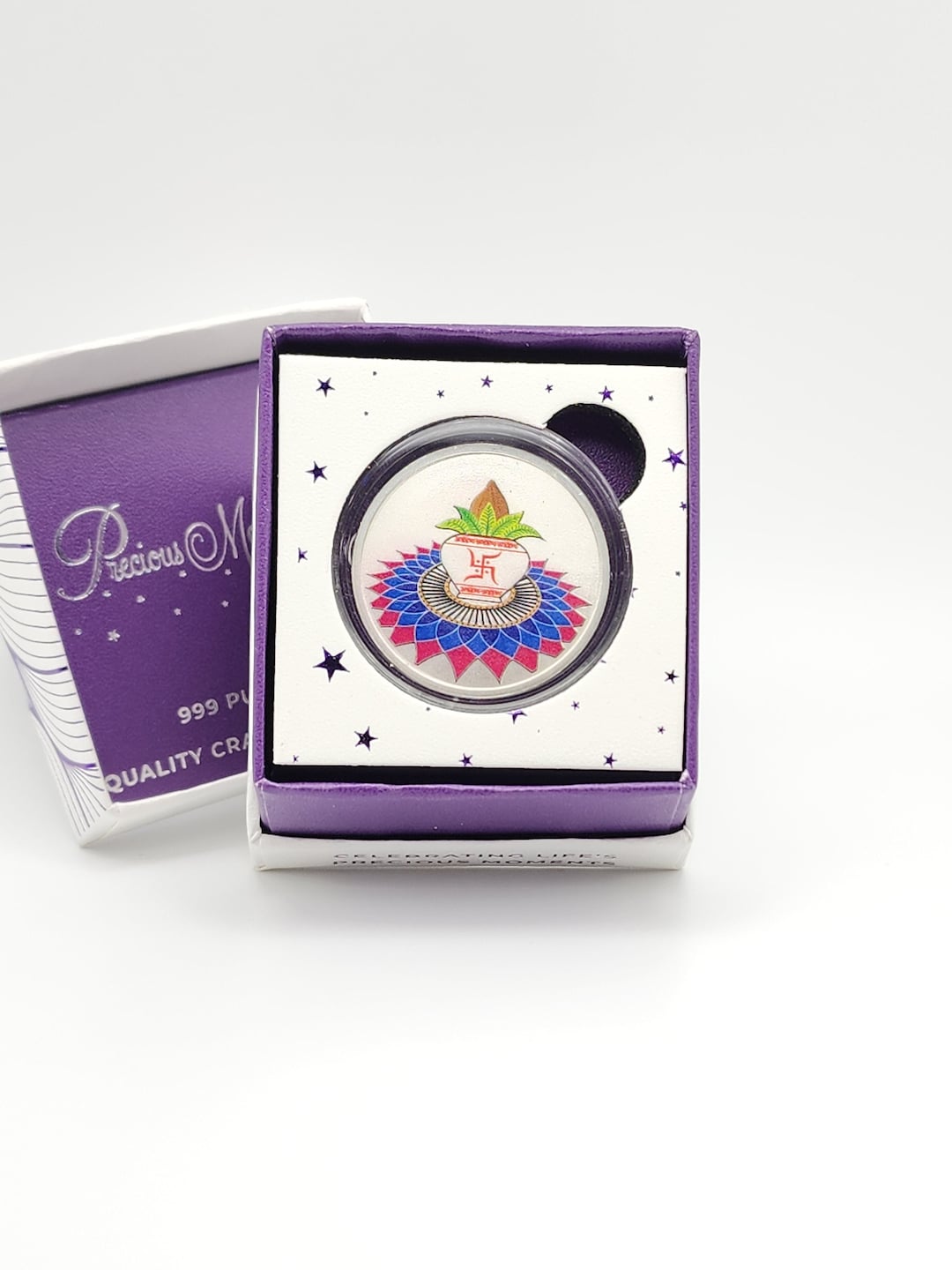 999 Pure Silver Shubh Kalash Colored Coin | 10 Gms || Diwali Gift ...