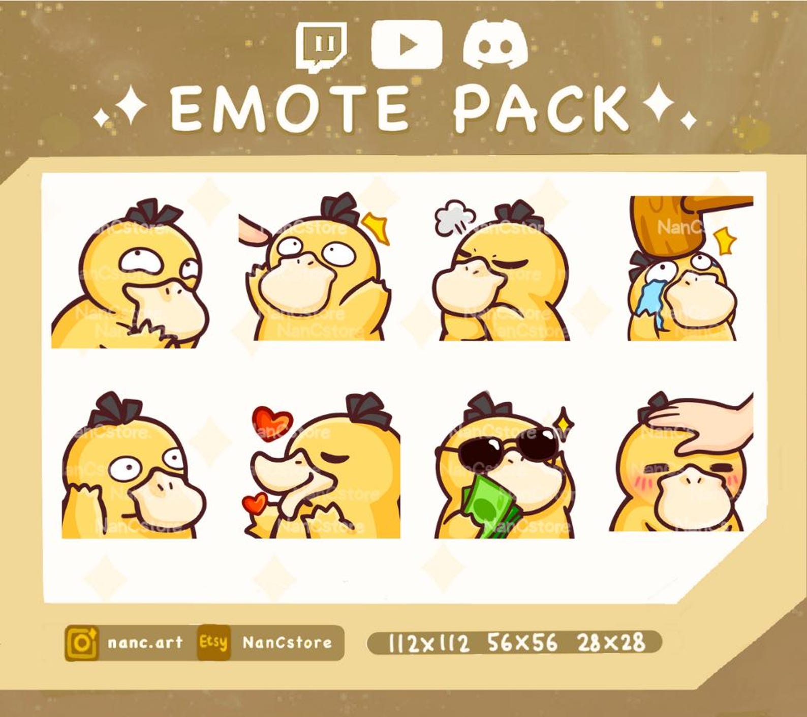 Silly Cute Psyduck Emote Pack (A) — 8 Emotes for Streaming | Instant ...