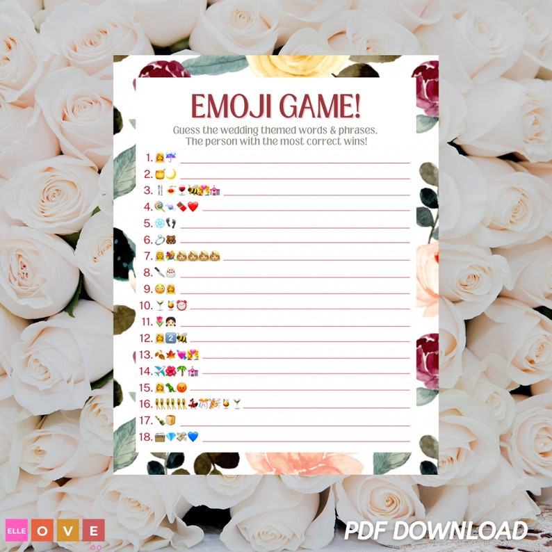 Bridal Shower Emoji Game Digital Download, Maroon Boho Floral ...