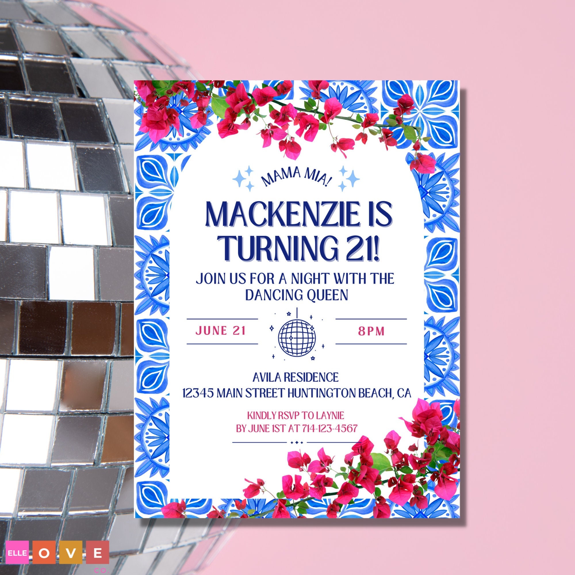 Mama Mia 21st Birthday Party Invite, Greece Inspired, Bougainvillea ...