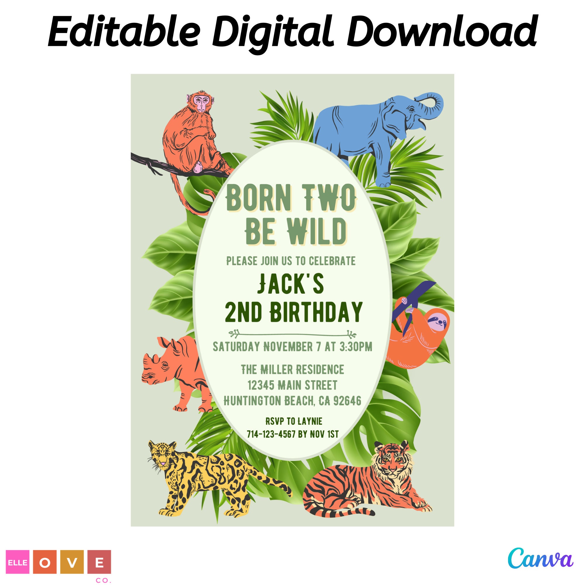 Born TWO Be Wild 2nd Birthday Invitation, Jungle Themed, Two Wild, Wild ...
