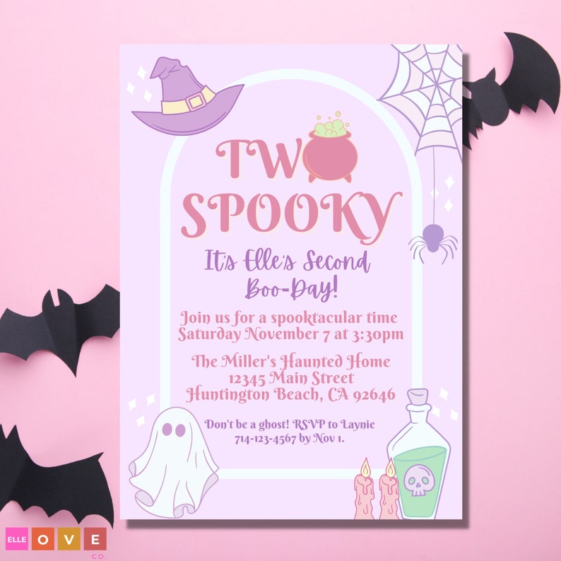 TWO Spooky Pastel Halloween Themed 2nd Birthday Invitation, Spooky ...