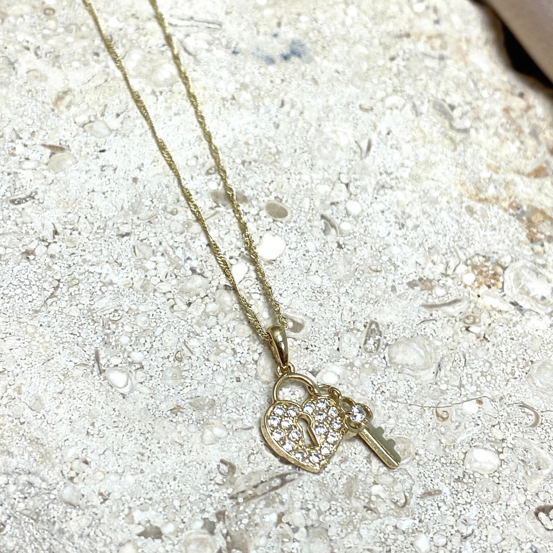 14k Yellow Gold CZ Tiny Heart Key Lock Pendant Charm Necklace ...