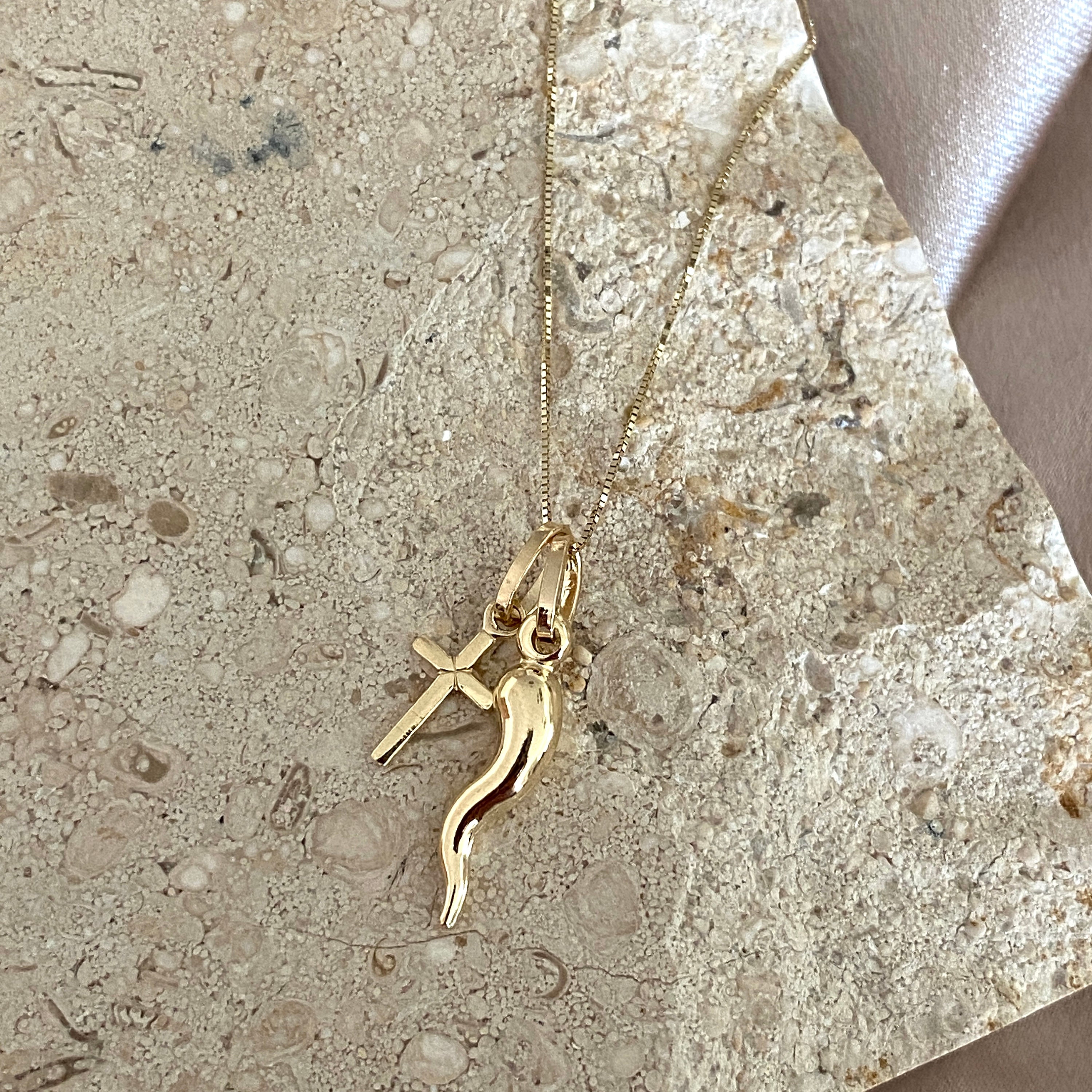 14k Yellow Gold Cornicello Italian Horn Small Cross Charm Necklace ...