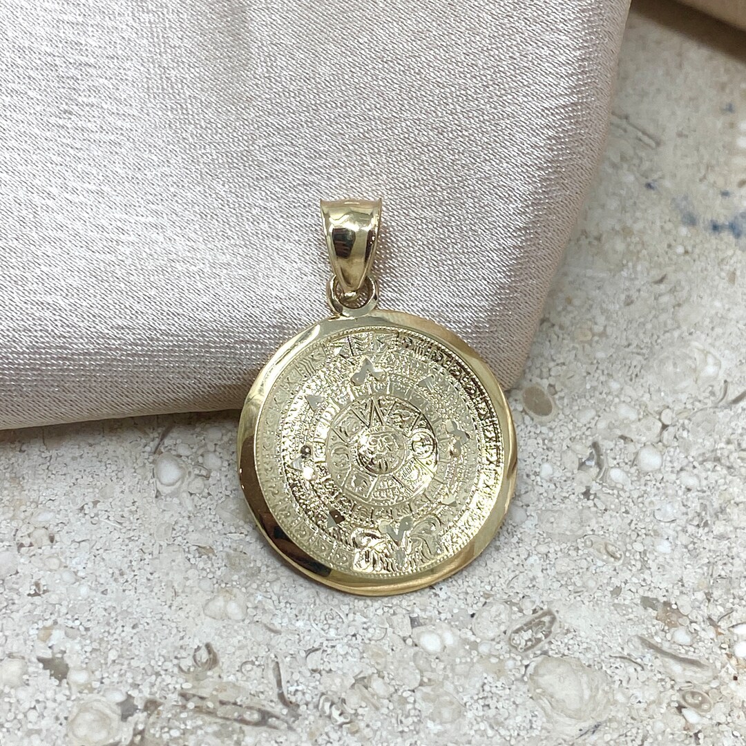 Real 14K Yellow Gold Aztec Mayan Sun Calendar Coin Charm Pendant - Etsy