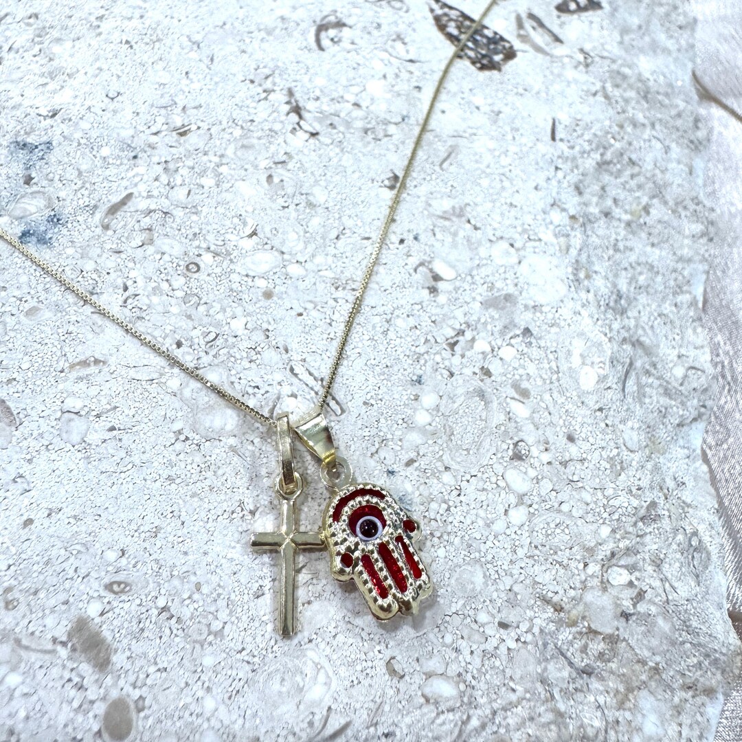 14k Solid Gold Hamsa Necklace, 14k Solid Gold Hand of God Cross Charm ...