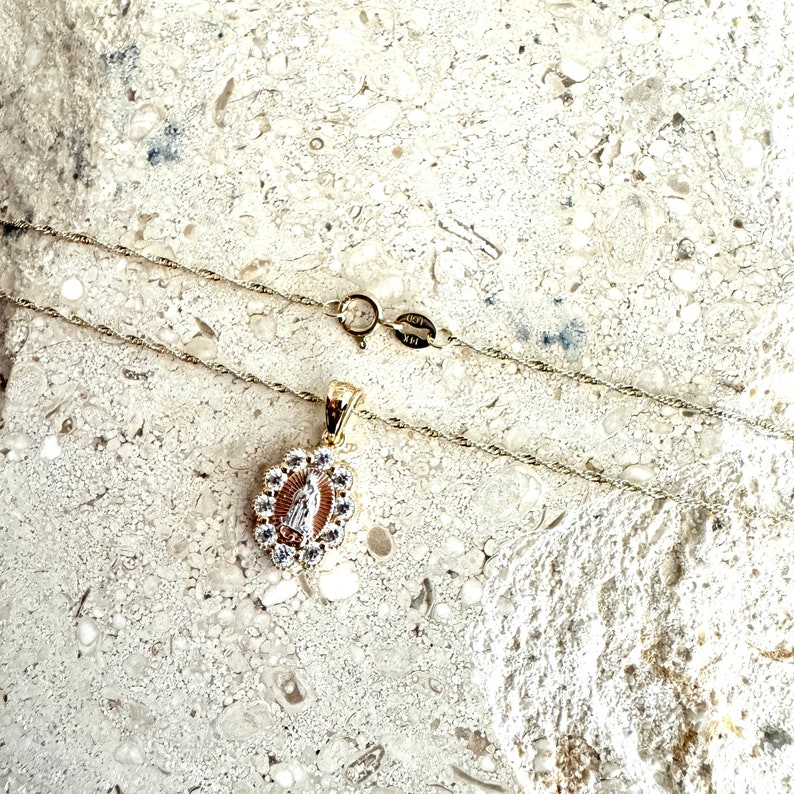 14K Tri Tone Gold Our Lady of Guadalupe Necklace, Cubic Zirconia Charm ...