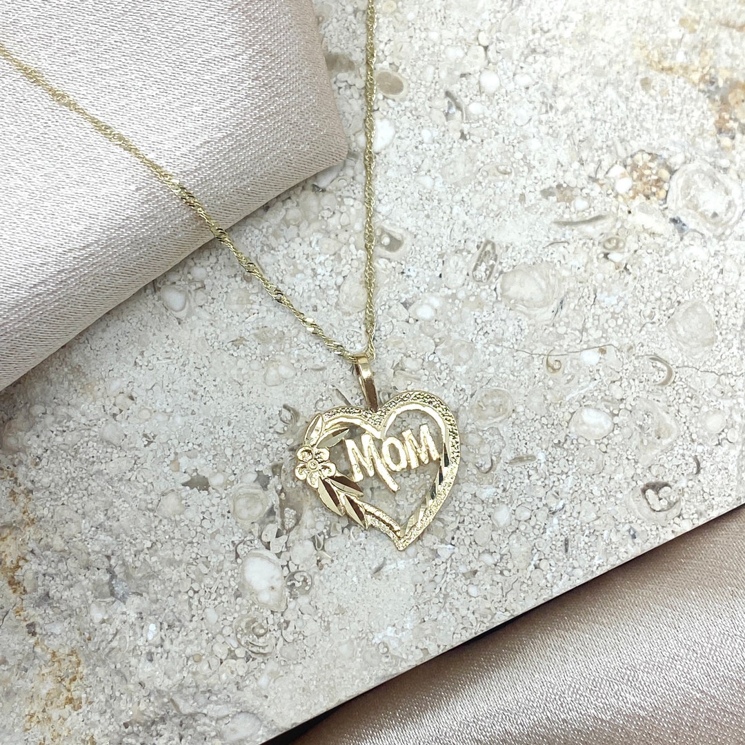 14k Real Yellow Gold Mom Heart Pendant With 0.9mm Singapore Chain, 14k ...
