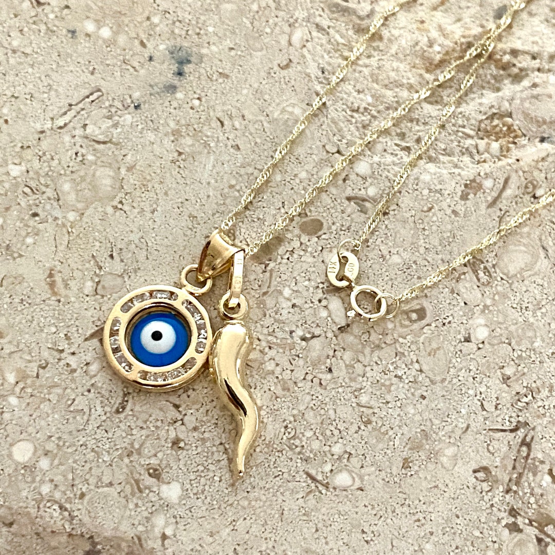14k Real Gold Round CZ Evil Eye With Cornicello Italian Horn Necklace ...