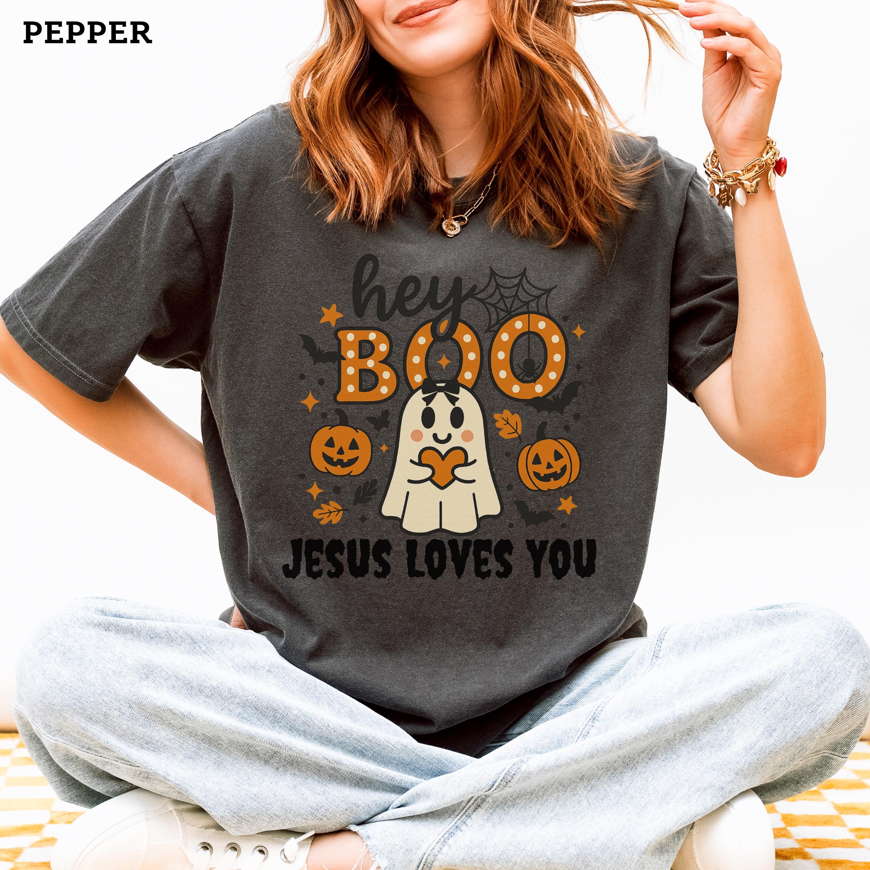 Hey Boo Jesus Loves You Shirt, Christian Halloween Shirt, Cute Ghost ...