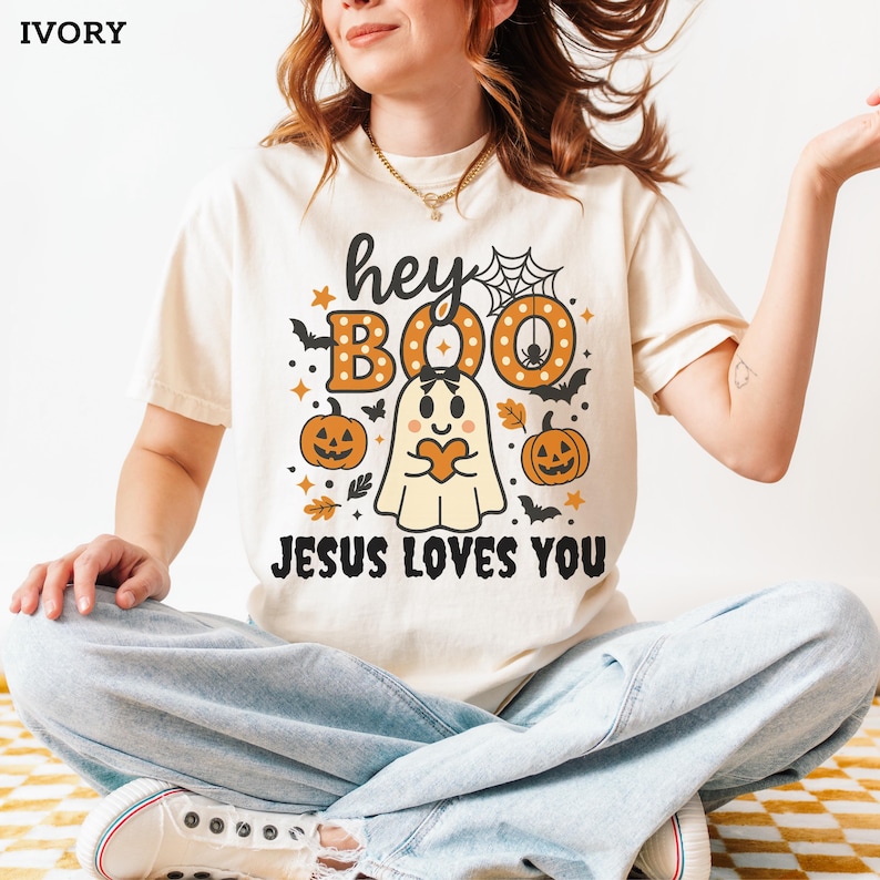 Hey Boo Jesus Loves You Shirt, Christian Halloween Shirt, Cute Ghost ...