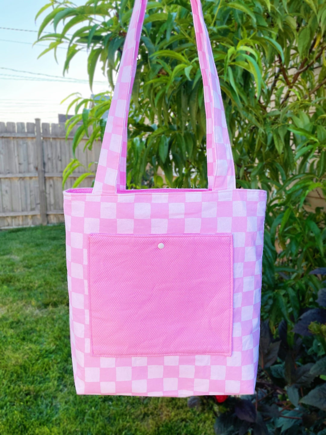 Reversible Pink Checkered Tote Bag With Pockets 15x15 - Etsy