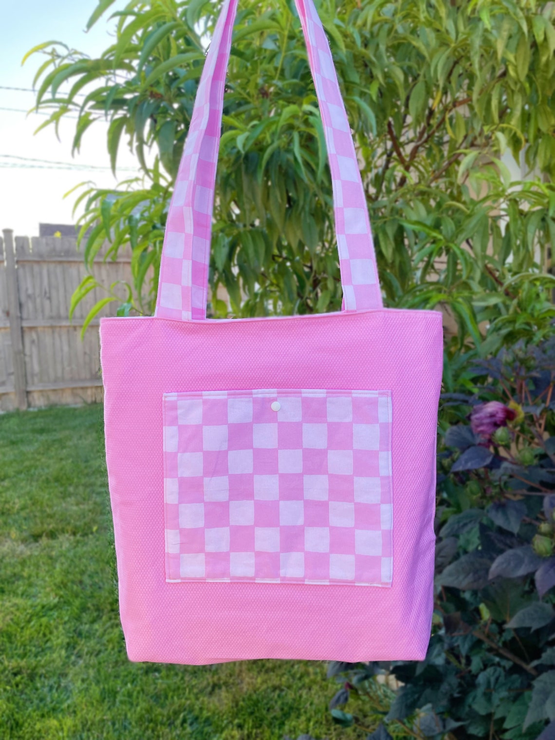 Reversible Pink Checkered Tote Bag With Pockets 15x15 - Etsy