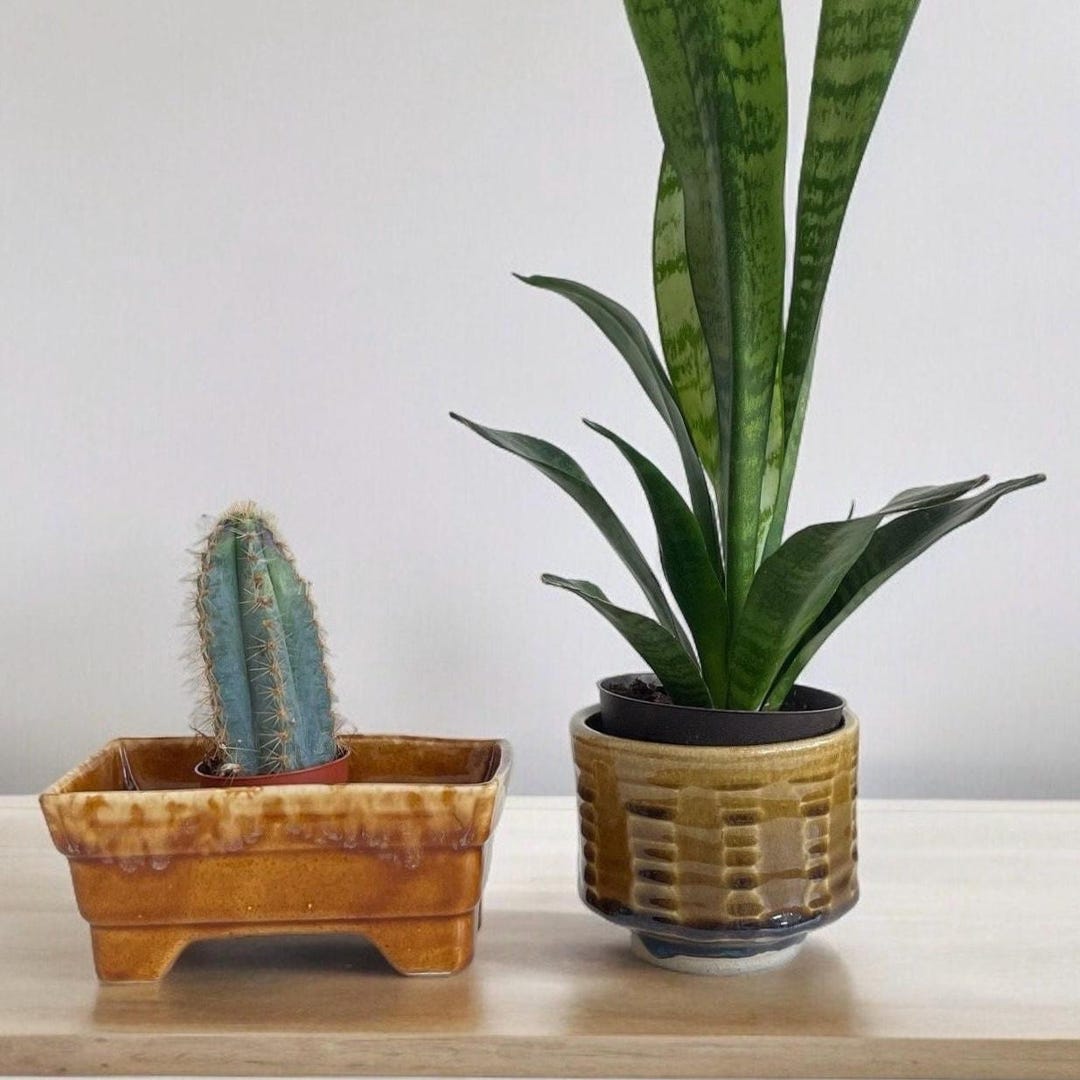 Vintage MCM Ceramic Planter Set: Brown Glazed Succulent Pots, USA 1960 ...