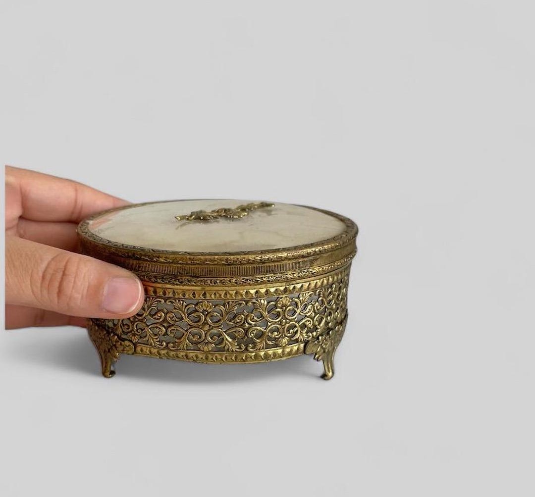 Vintage Filigree Gold Plated Powder Box, Gold Gilt Filigree Jewelry Box ...