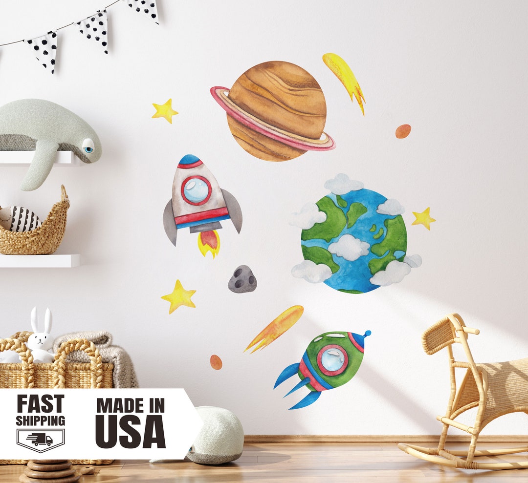 Watercolor Planets and Rocketship Set, Space Set Wall Decal, Earth Wall ...