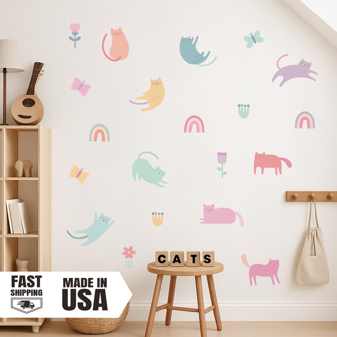 Watercolor Cats Wall Decal: Rainbow Nursery Decor, Reposition-able ...
