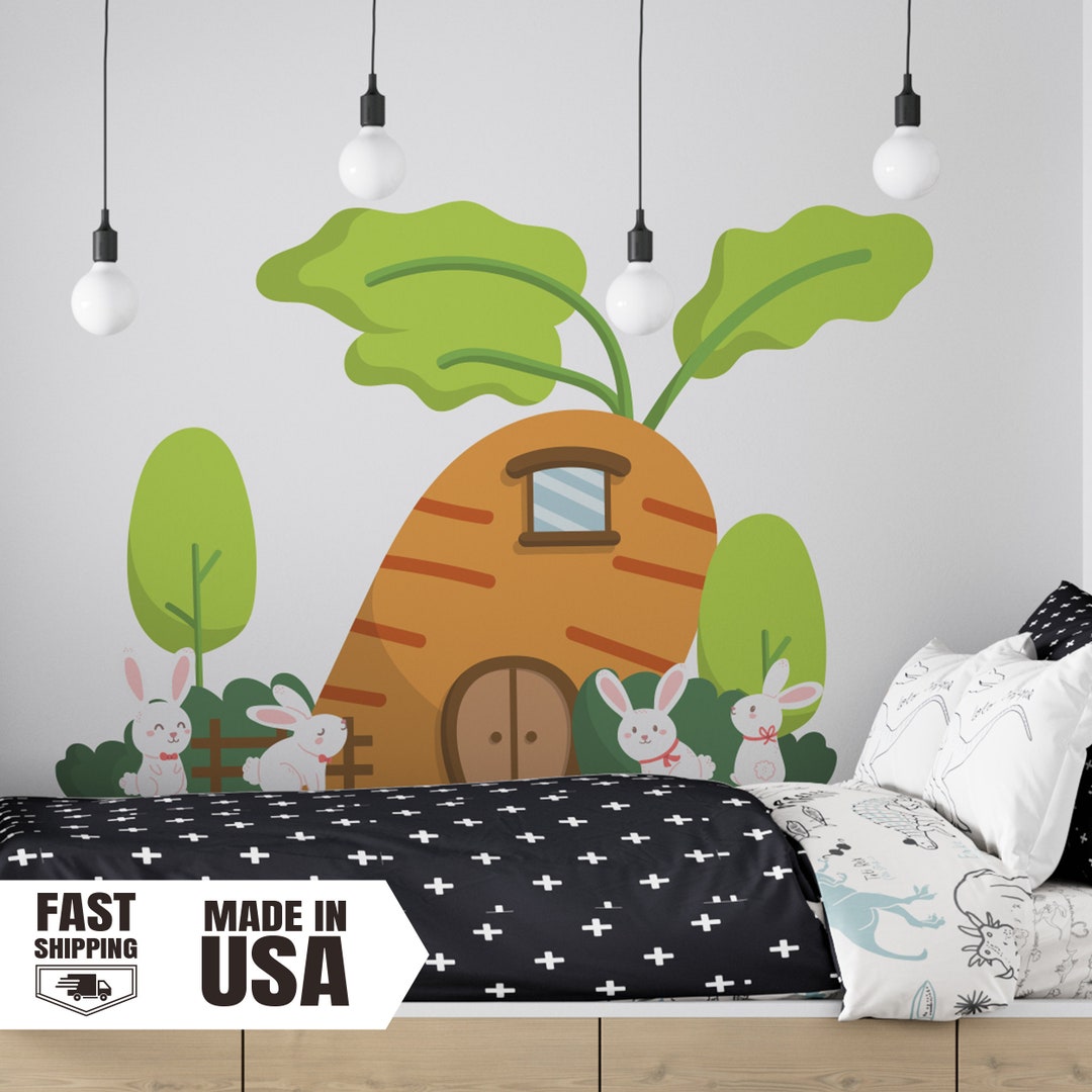 Rabbit House With Cute Rabbits Family Set Wall Decal, Watercolor Wall ...